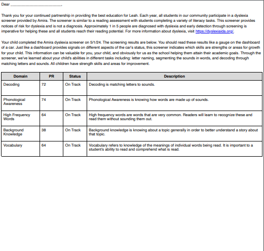 Dyslexia Risk Notification Letter for Parents